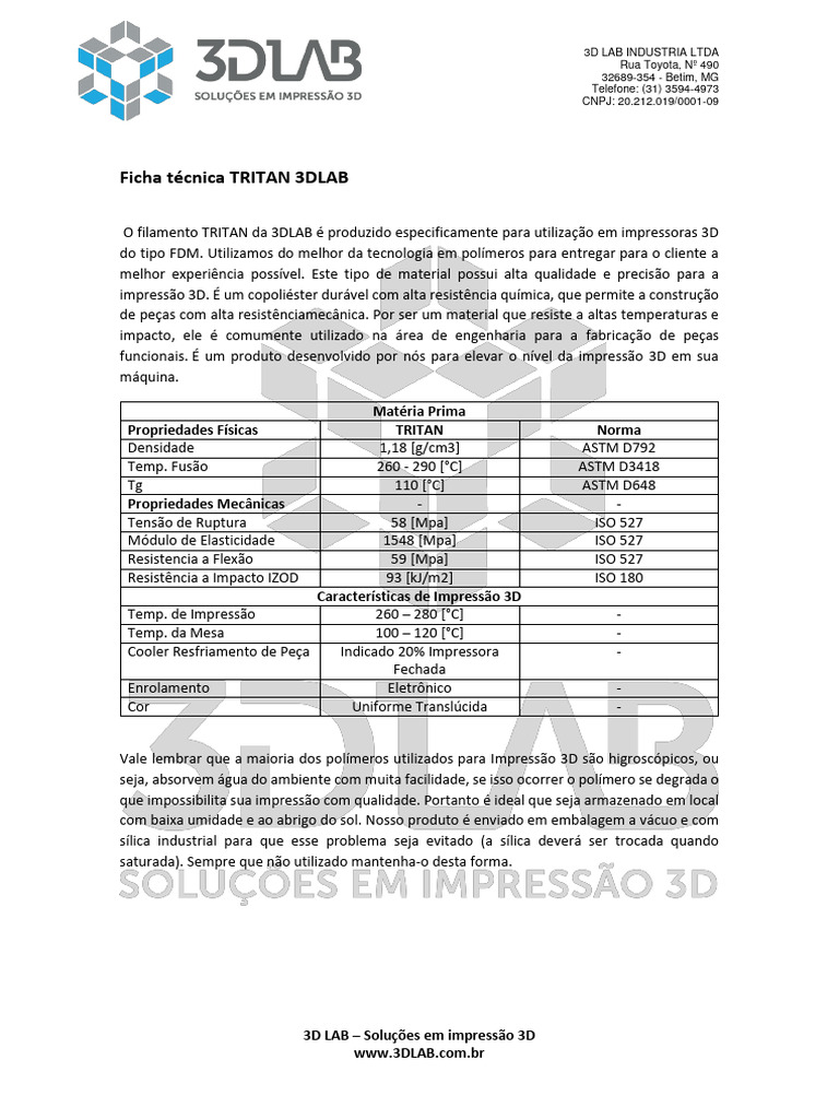 Data Sheet Filamento TRITAN 3DLAB | PDF | Impressão 3D | Polímeros