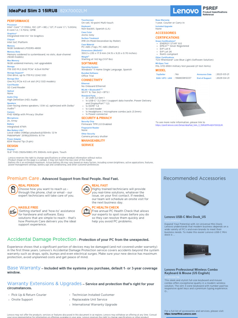 IdeaPad Slim 3 15IRU8 82X70002LM | PDF | Computer Hardware | Information And Communications ...