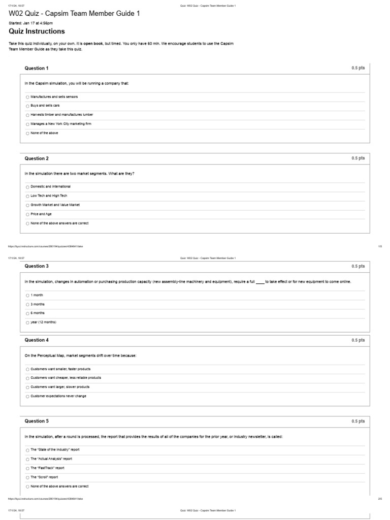 Quiz - W02 Quiz - Capsim Team Member Guide 1 | PDF | Business | Business Process