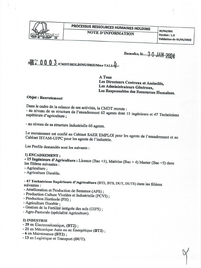 Avis de Recrutement CMDT 2024 | PDF