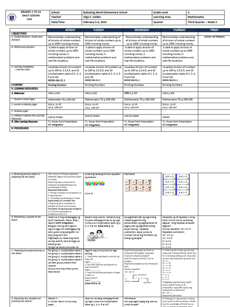 DLL MATH Q3 WK 22023 2024 | PDF | Division (Mathematics) | Elementary Mathematics