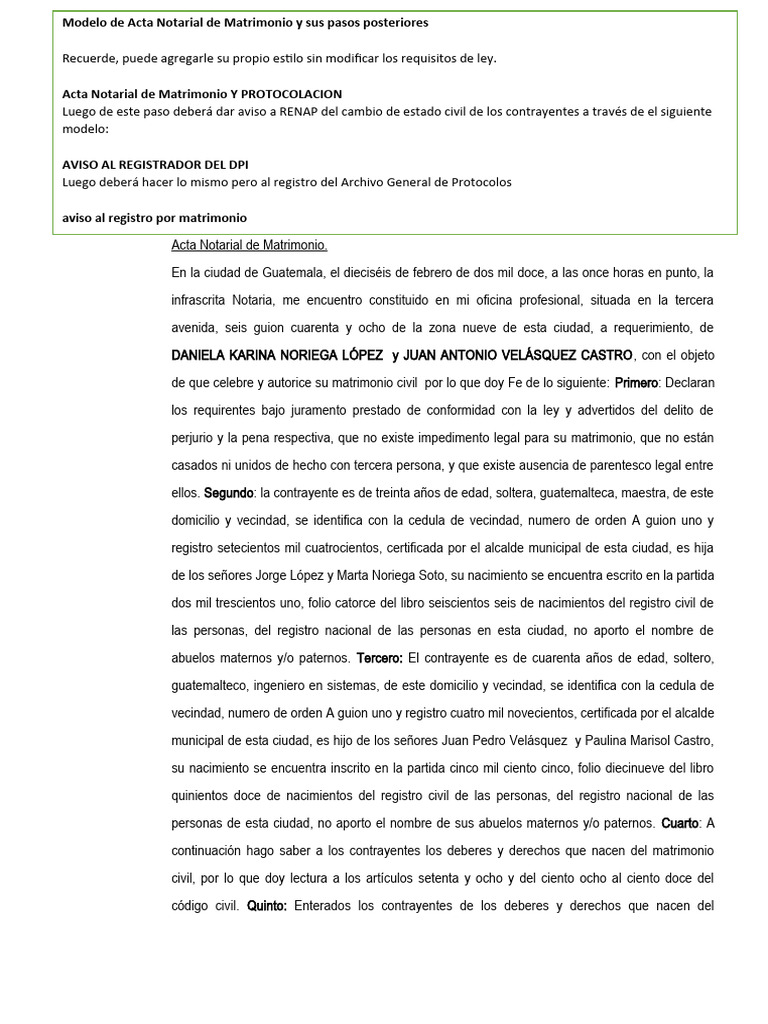 Minuta Acta Notarial de Matrimonio y Protocolizacion | PDF | Matrimonio | Guatemala