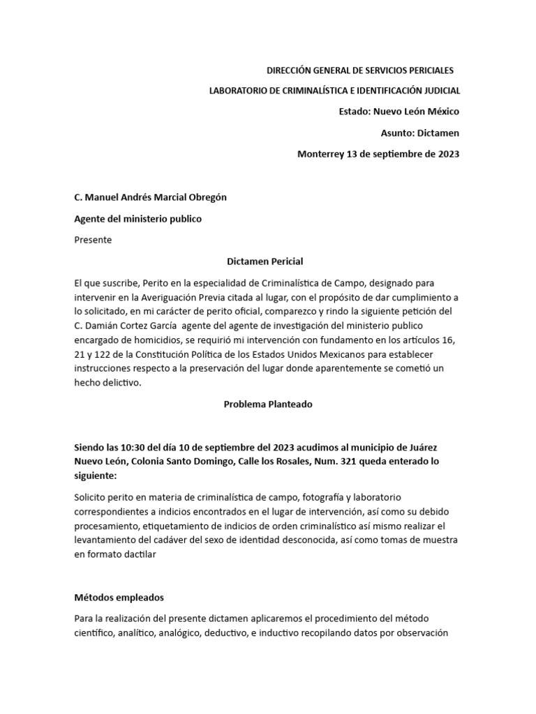 Dictamen Pericial | PDF | Ciencia forense | Metodología