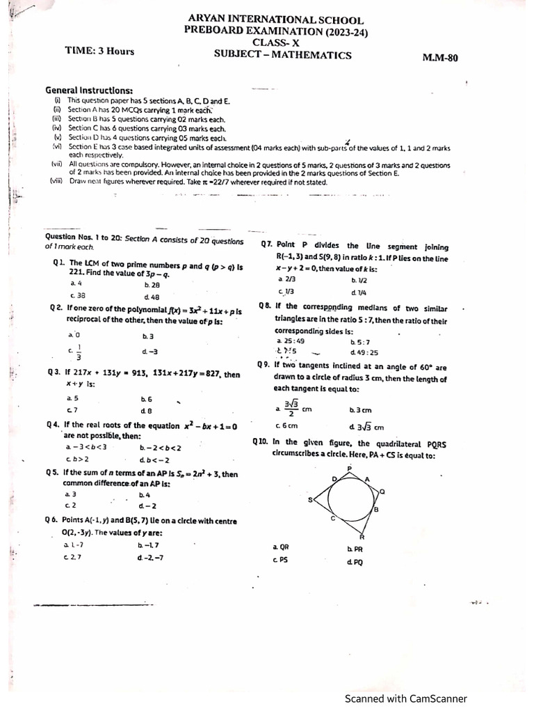 10th Maths Preboard (Hard Copy) | PDF