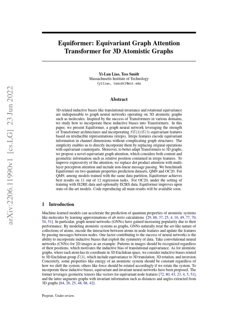 Liao and Smidt - 2022 - Equiformer Equivariant Graph Attention Transformer | PDF | Euclidean ...
