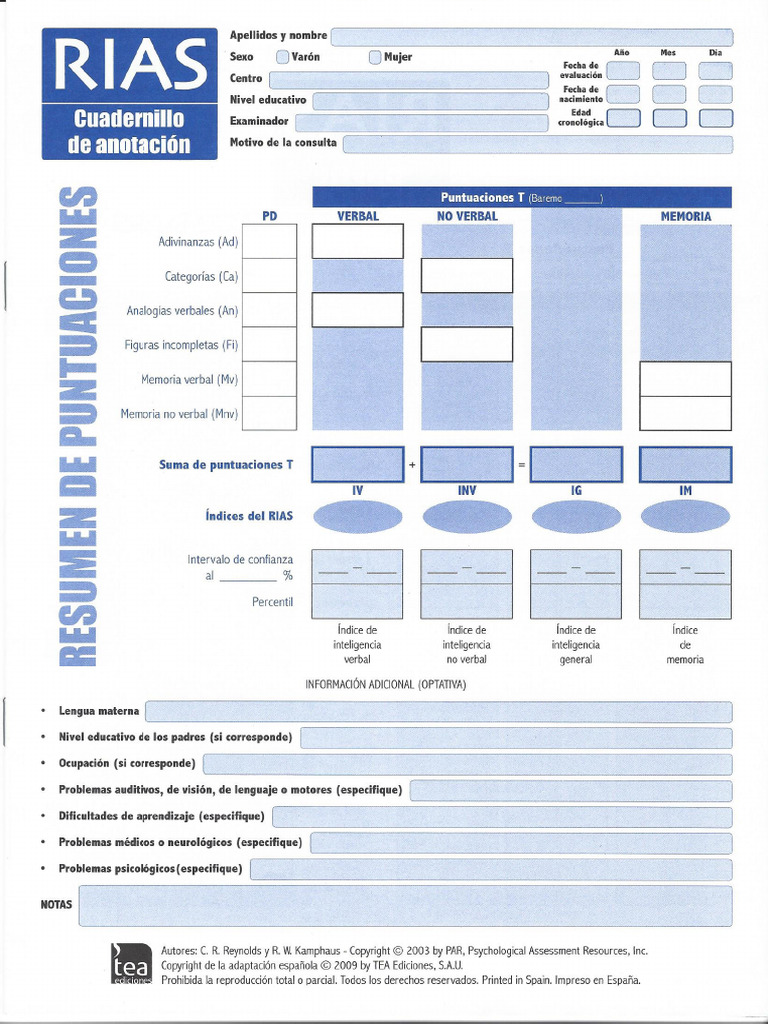 Cuadernillo de Respuestas Del RIAS | PDF