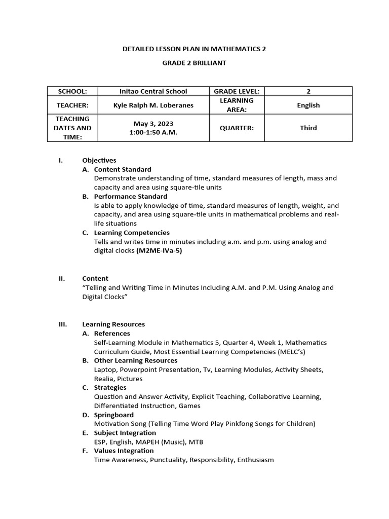 Final Demo Detailed Lesson Plan in Mathematics 2 Telling and Writing Time | PDF | Hour | Learning