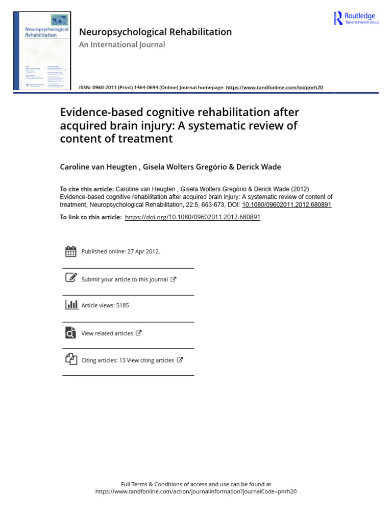 Evidence Based Cognitive Rehabilitation After Acquired Brain Injury A Systematic Review of ...