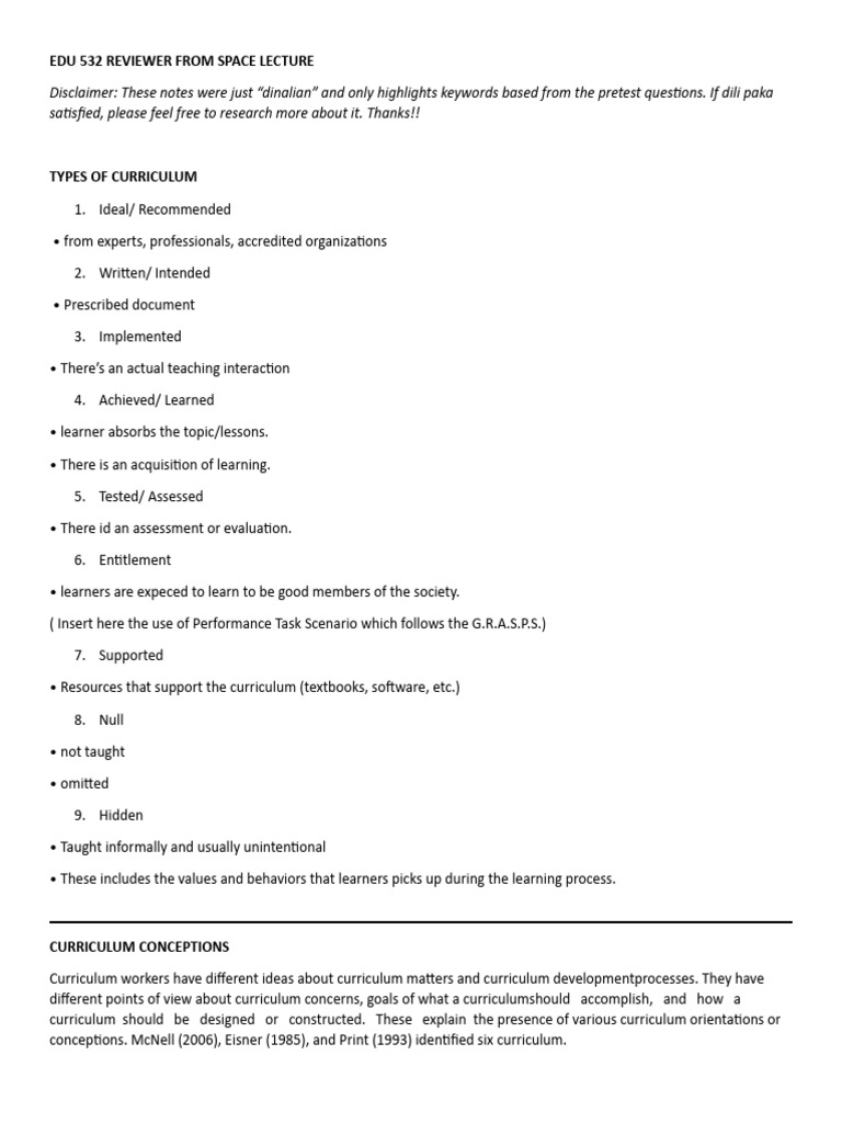 Edu 532-536 Reviewer From Space Lecture | PDF | Curriculum | Learning