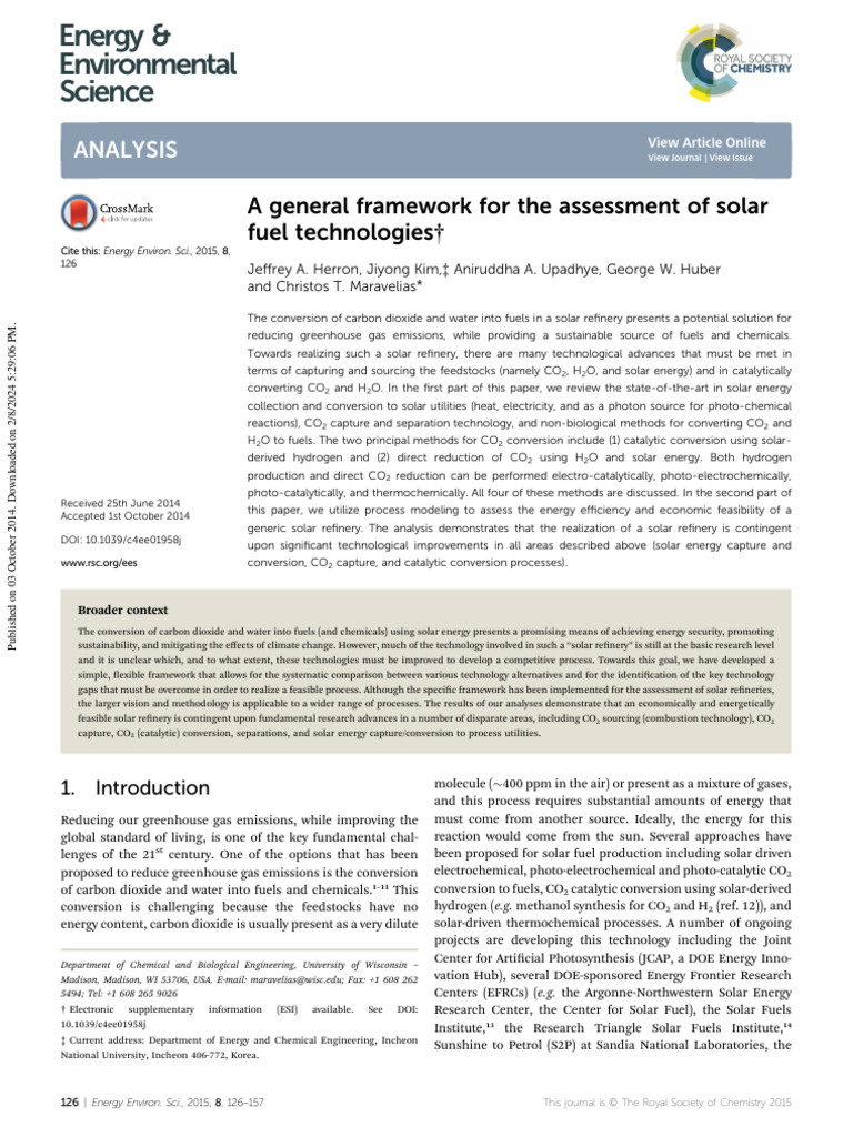 Framework for Assessing Solar Fuels | PDF | Solar Energy | Carbon Dioxide