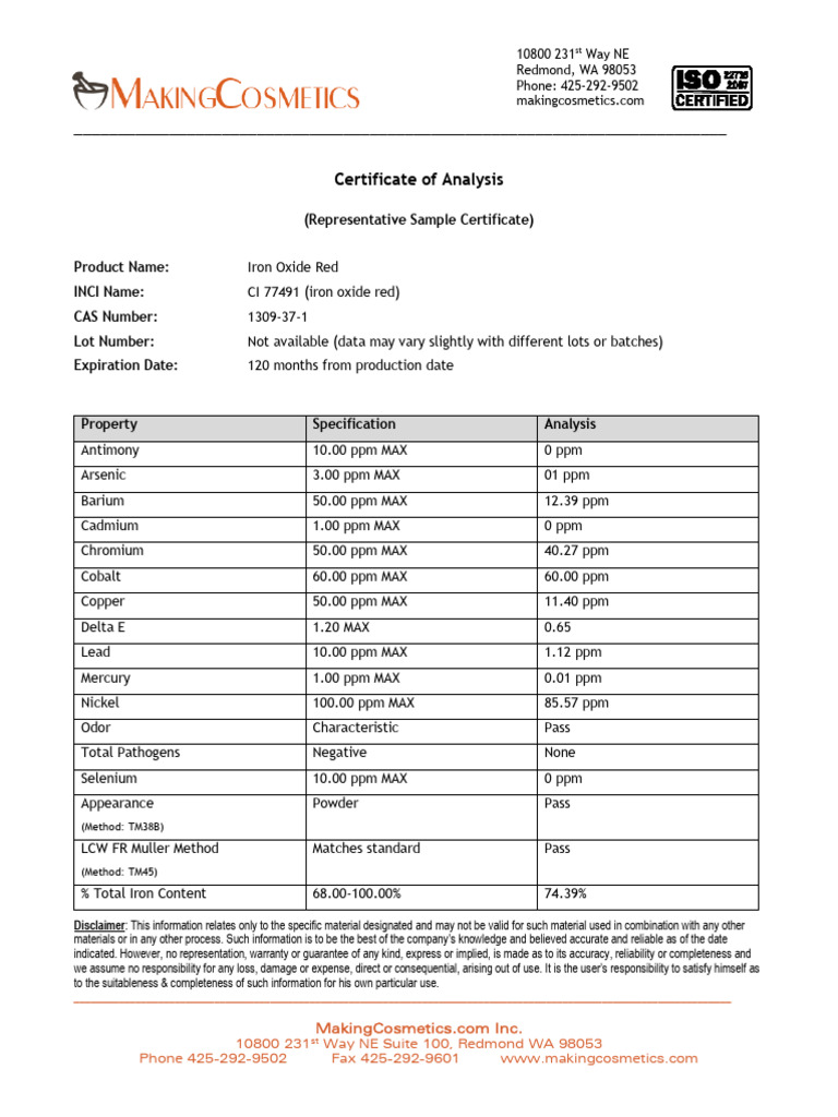 Iron Oxide Red Certificate of Analysis | PDF | Information | Iron