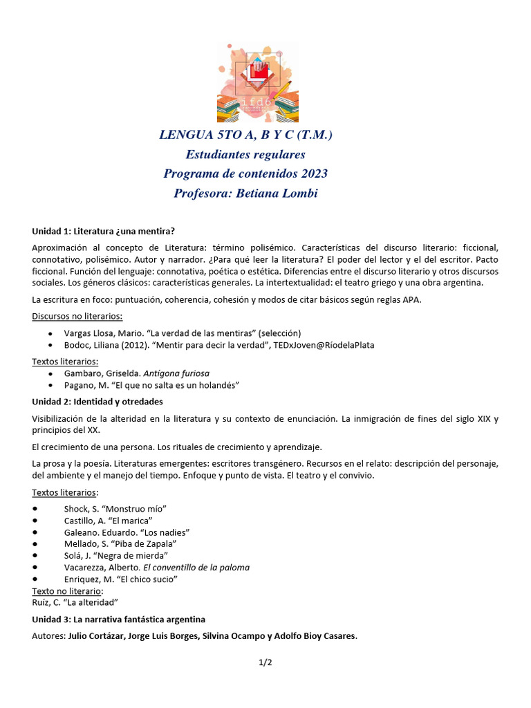 Programa - Lengua 5to.a.b.c.lombi | PDF | Ficción general