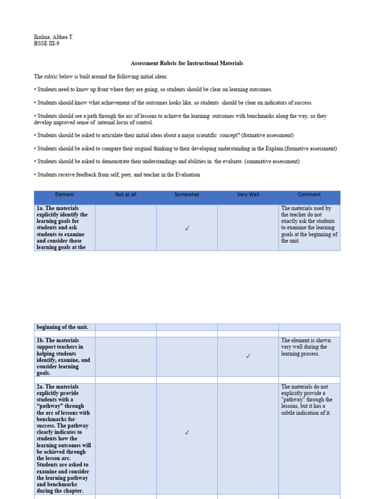 Assessment Rubric For Instructional Materials | PDF | Intelligence ...