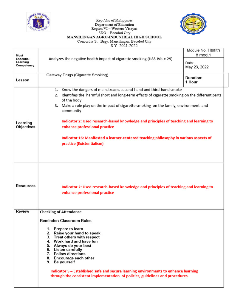 Health Lesson Plan Cigarettes 4th QTR Grade 8 MAPEH | PDF | Tobacco ...