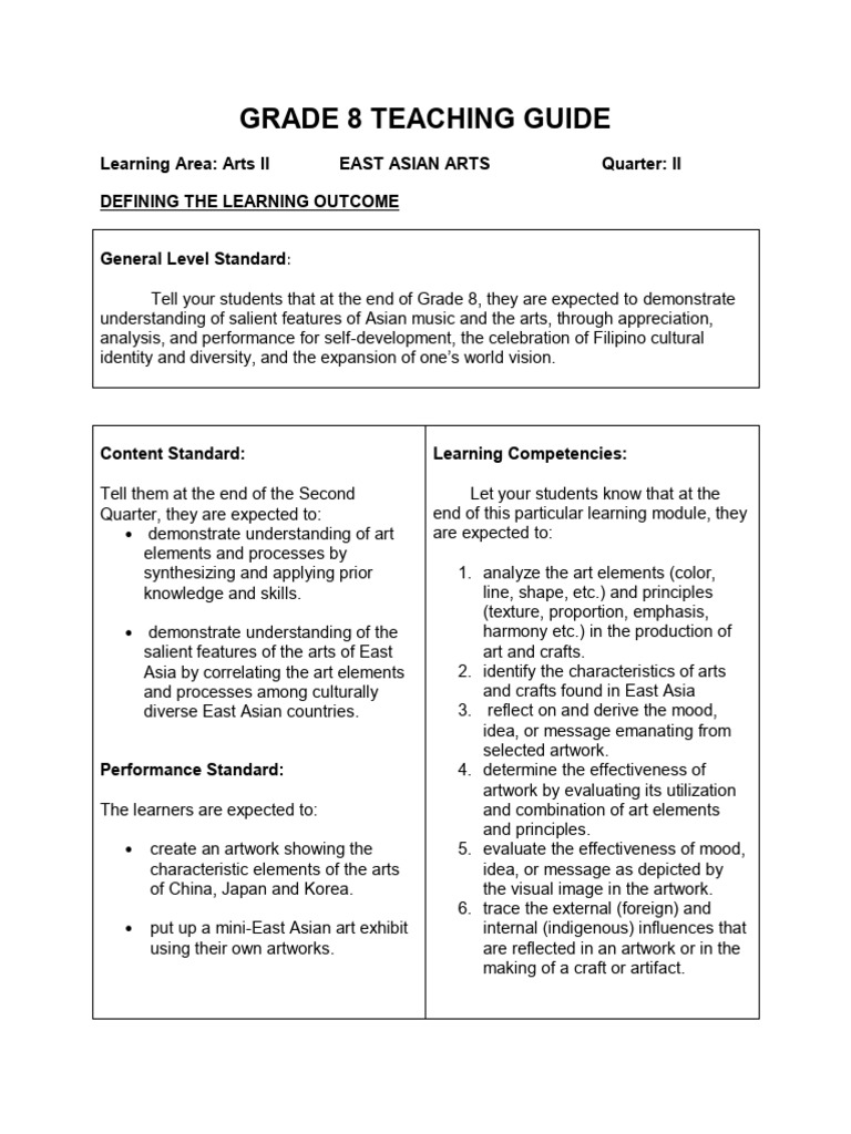 Art Grade 8 Teacher - S Guide | PDF | Learning | East Asia Art Grade 8 Teacher - S Guide | PDF | Learning | East Asia