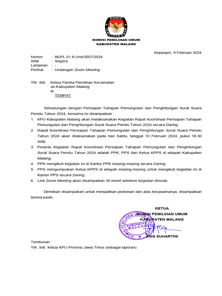 Undangan Rapat Koordinasi Pemilu 2024 | PDF