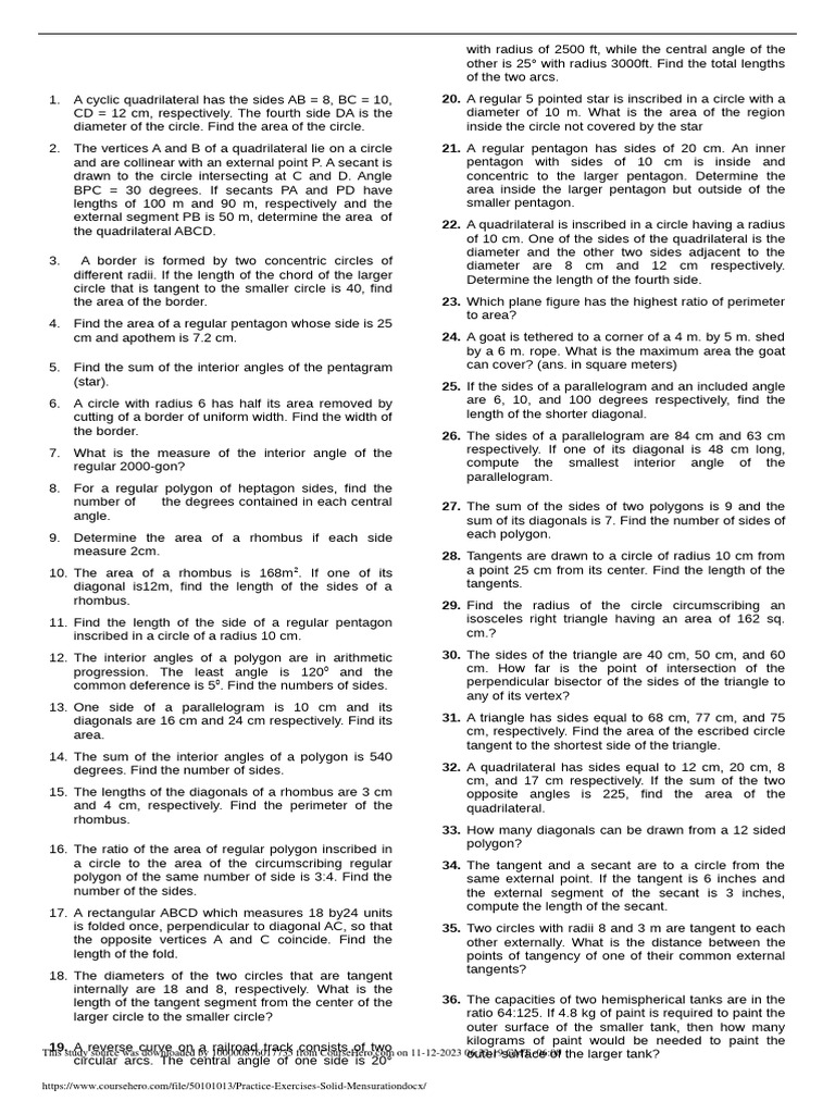 Practice Exercises Solid Mensuration | PDF | Area | Circle