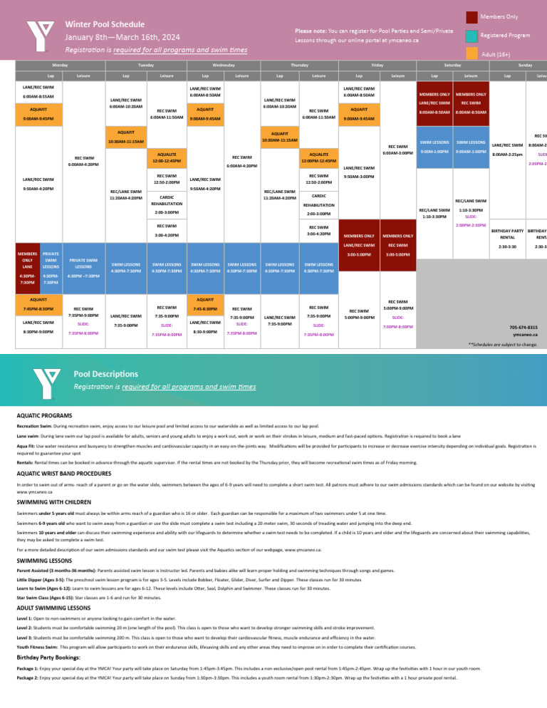 YMCA Winter Pool Schedule 2024 | PDF | Swimming | Leisure Activities