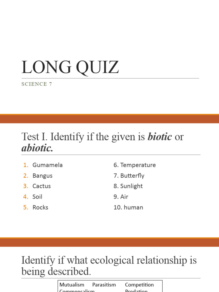Ecological Relationships Quiz for Science 7 | PDF
