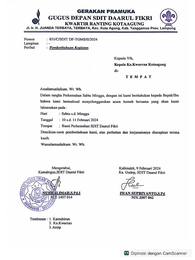 Surat Pemberitahuan Kwarran Kotaagung | PDF