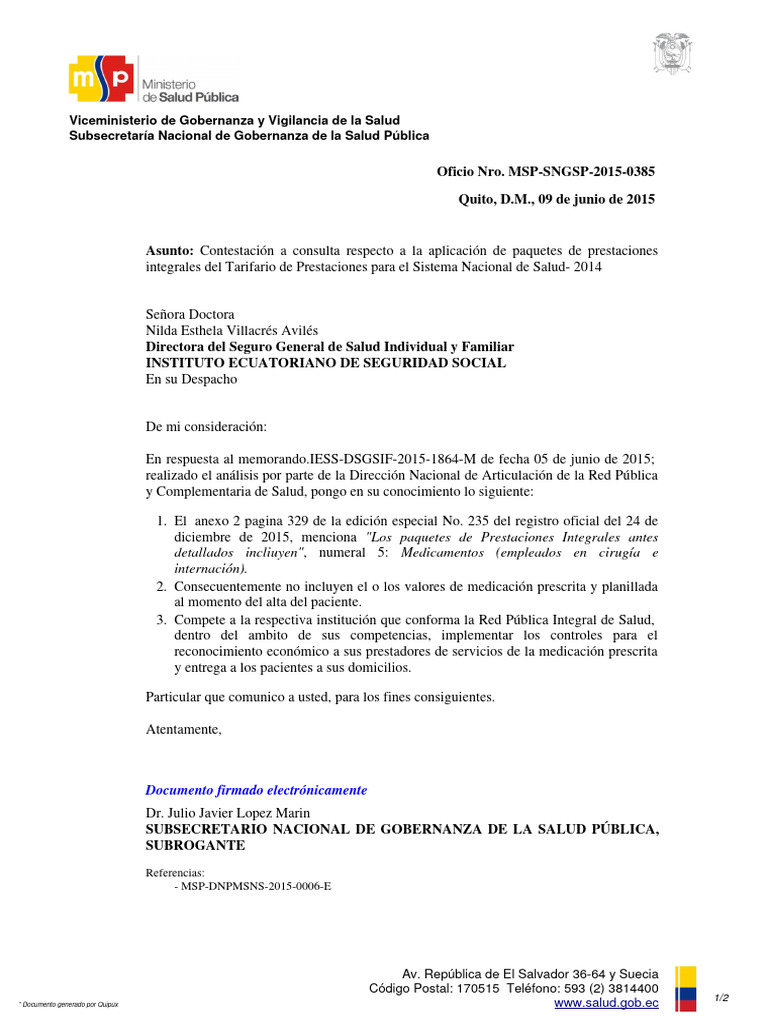 Oficio Nro. MSP-SNGSP-2015-0385 | PDF | Gobierno