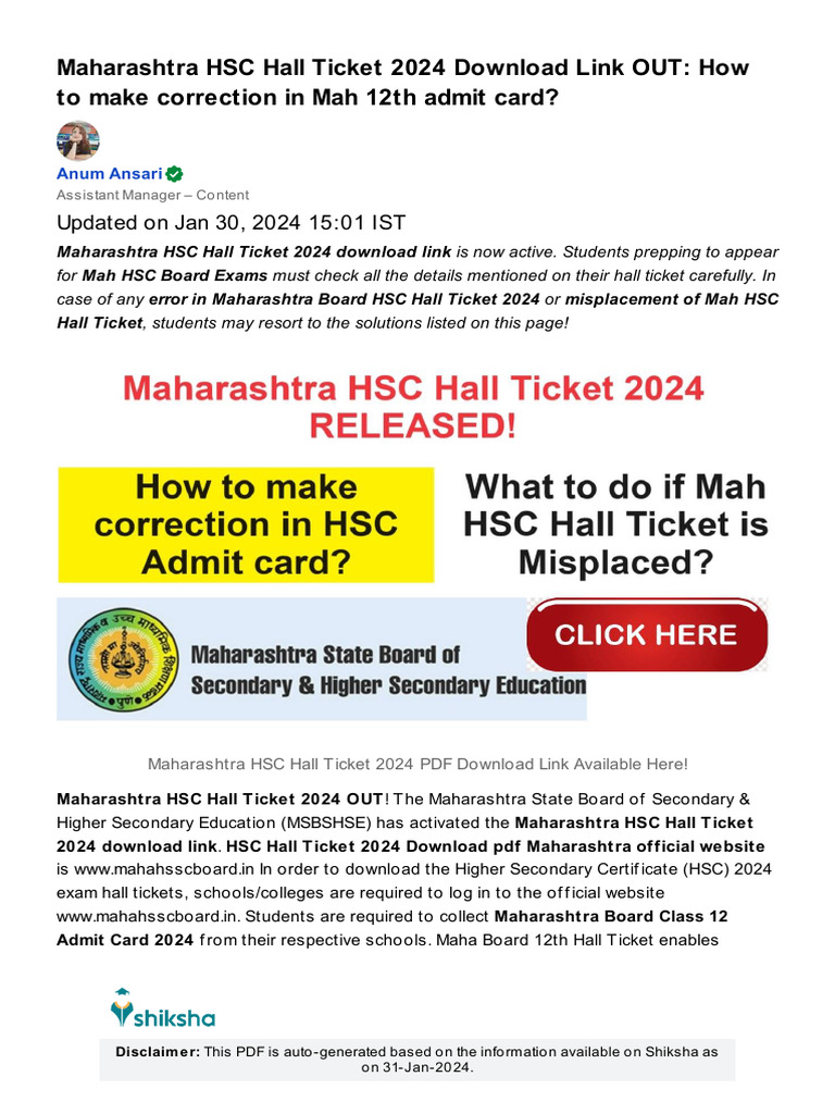 Maharashtra HSC Hall Ticket 2024 Download Link OUT: How To Make ...
