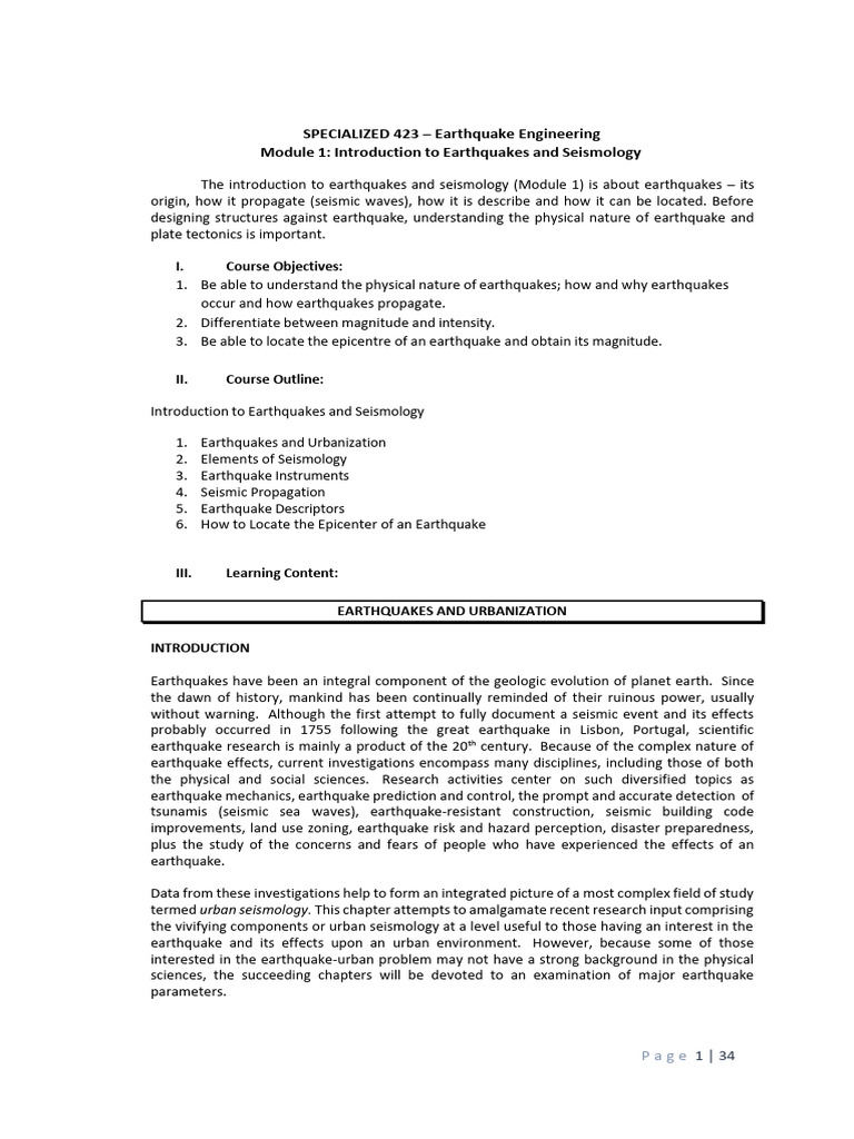Module 1-Specialized 423-Earthquake Engineering | PDF | Fault (Geology ...