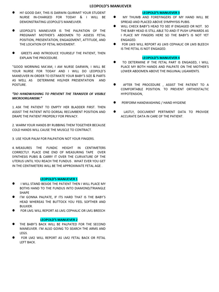 LEOPOLD'S MANEUVER SCRPT | PDF | Hand | Clinical Medicine