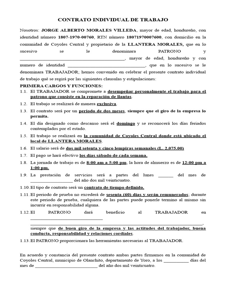 Contrato Individual de Trabajo | PDF
