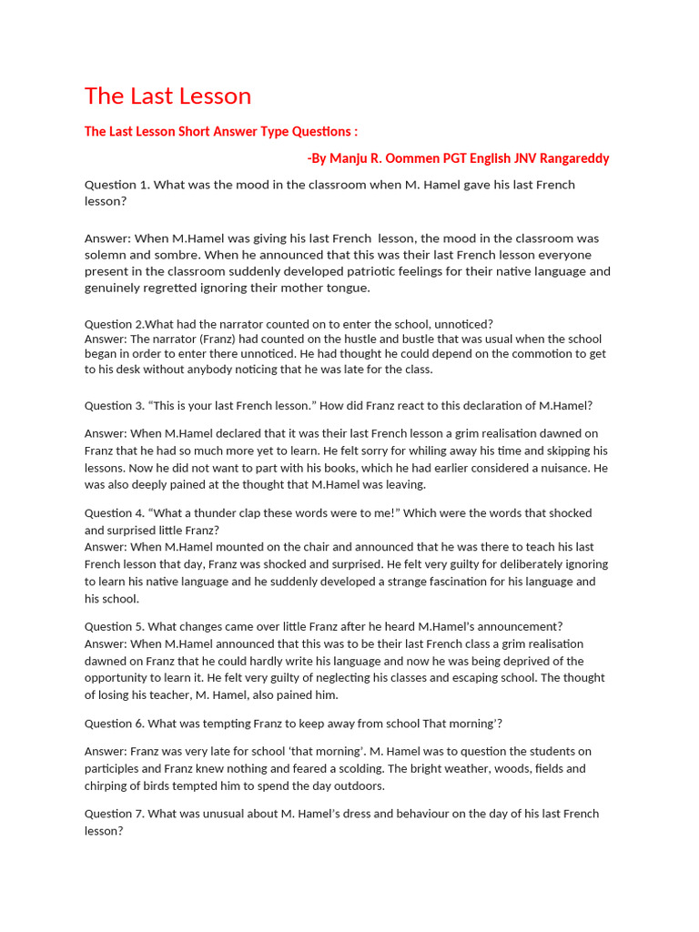 2.the Last Lesson Short Answer Type Questions | PDF