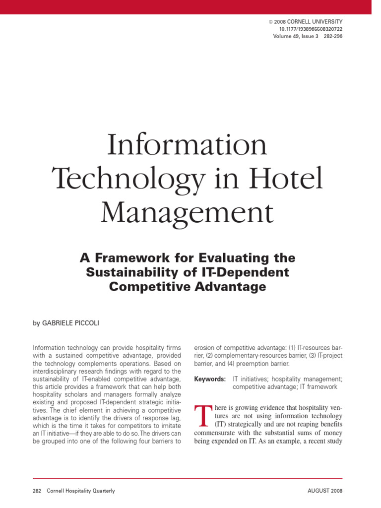 Information Technology in Hotel Management A Framework For Evaluating ...