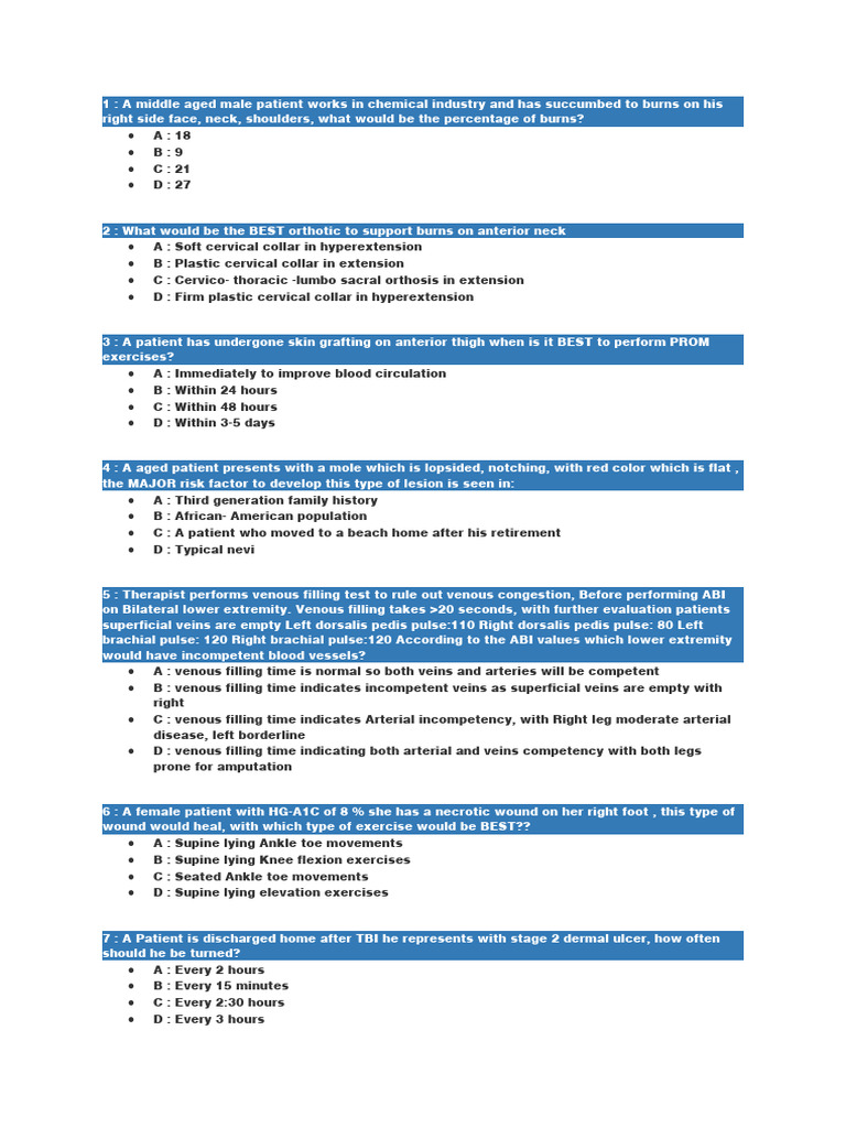 Burns, Arterial Venous Ulcers - 10 Questions | PDF | Vein | Neck