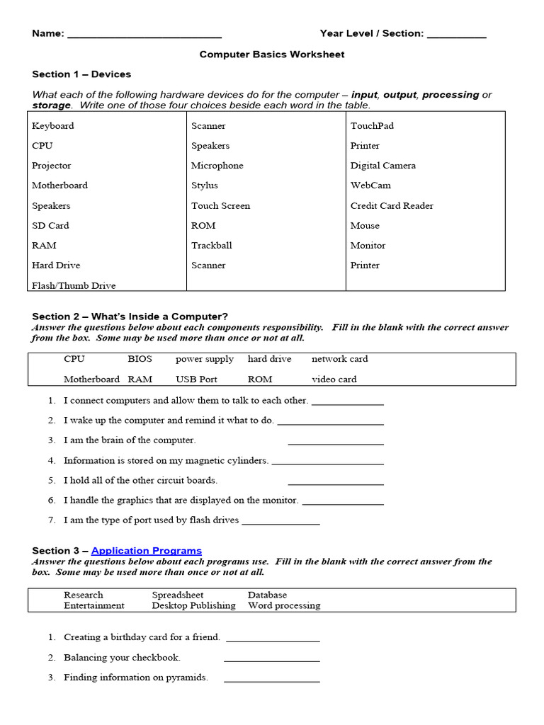 Computer Basics Worksheet 2 Hardware and Software Revised | PDF | Window (Computing) | Computer ...