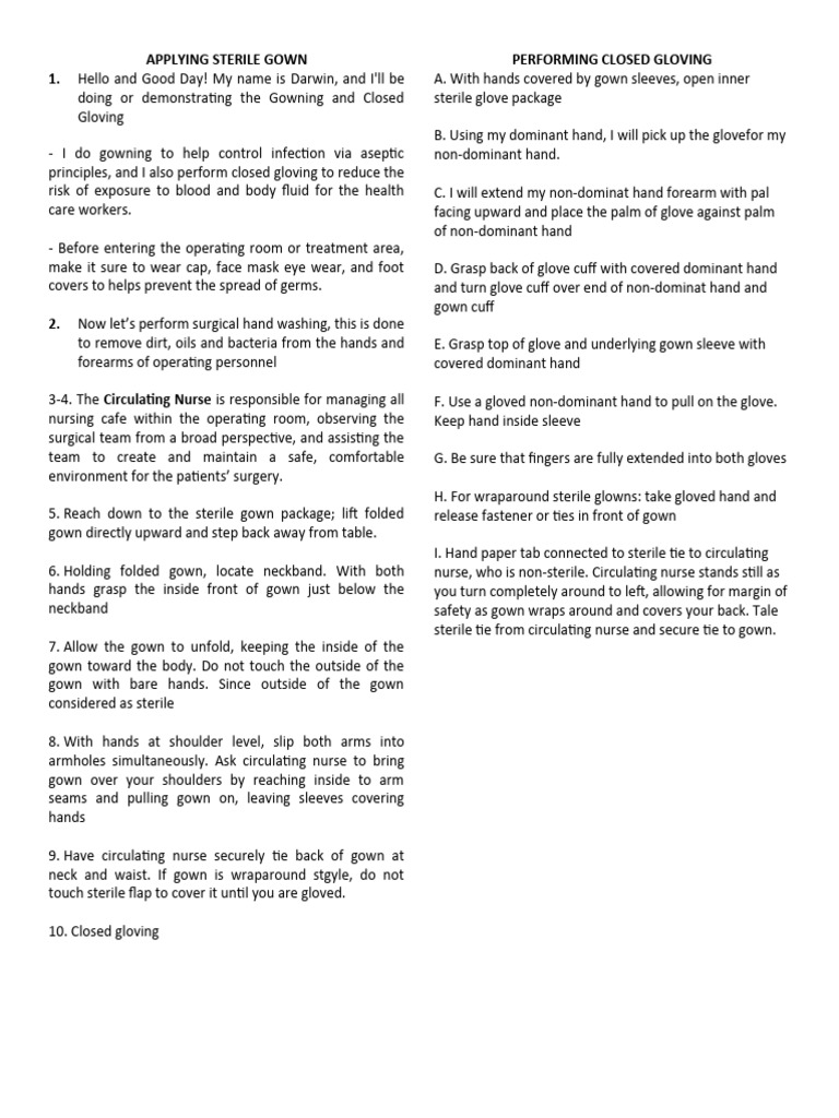 Closed Gowning and Gloving Procedure | PDF | Operating Theater | Health ...