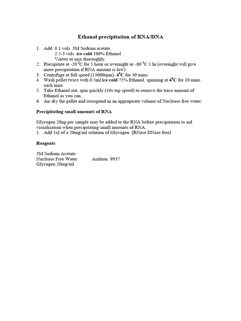 Ethanol Precipitation Protocol for RNA | PDF | Wellness | Science ...