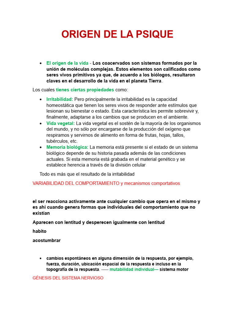ORIGEN DE LA PSIQUE Apunte | PDF | Vida | Sistema nervioso