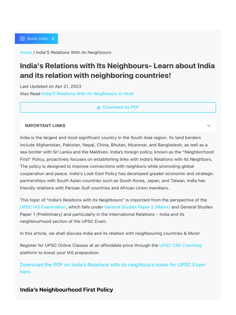 India's Relations With Its Neighbours | PDF | South Asia | Bhutan