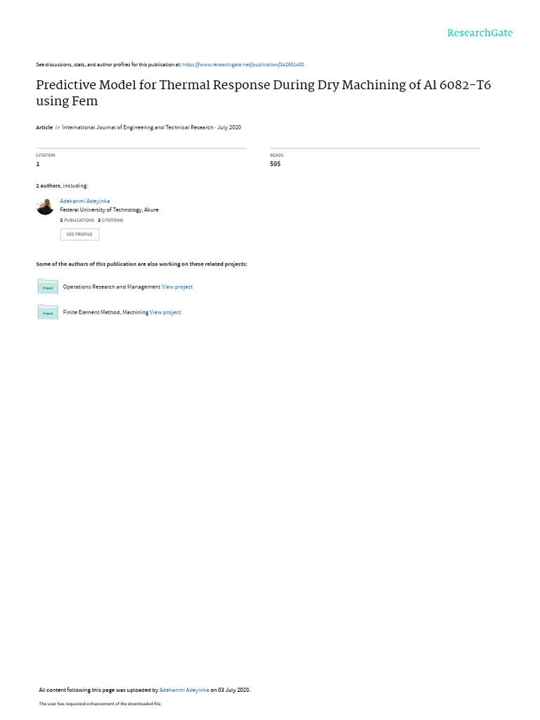 Predictive Model For Thermal Response During Dry Machining of Al 6082 t6 Using Fem ...