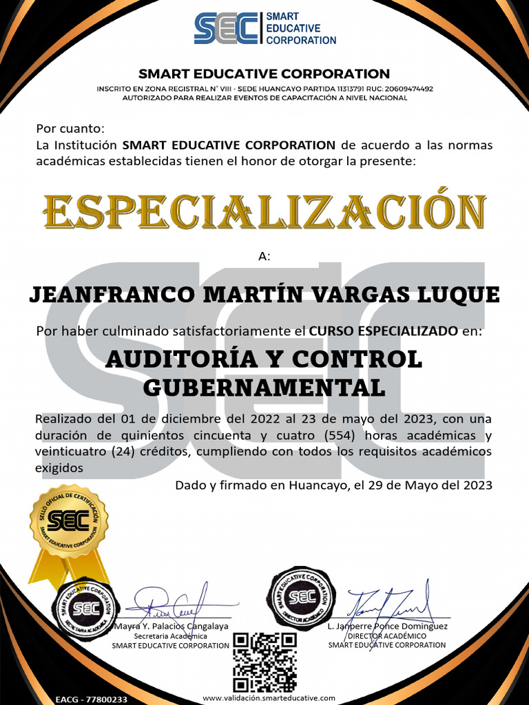 Especializacion Auditoría y Control Gubernamental Jeanfranco Martín Vargas Luque | PDF | Auditoría