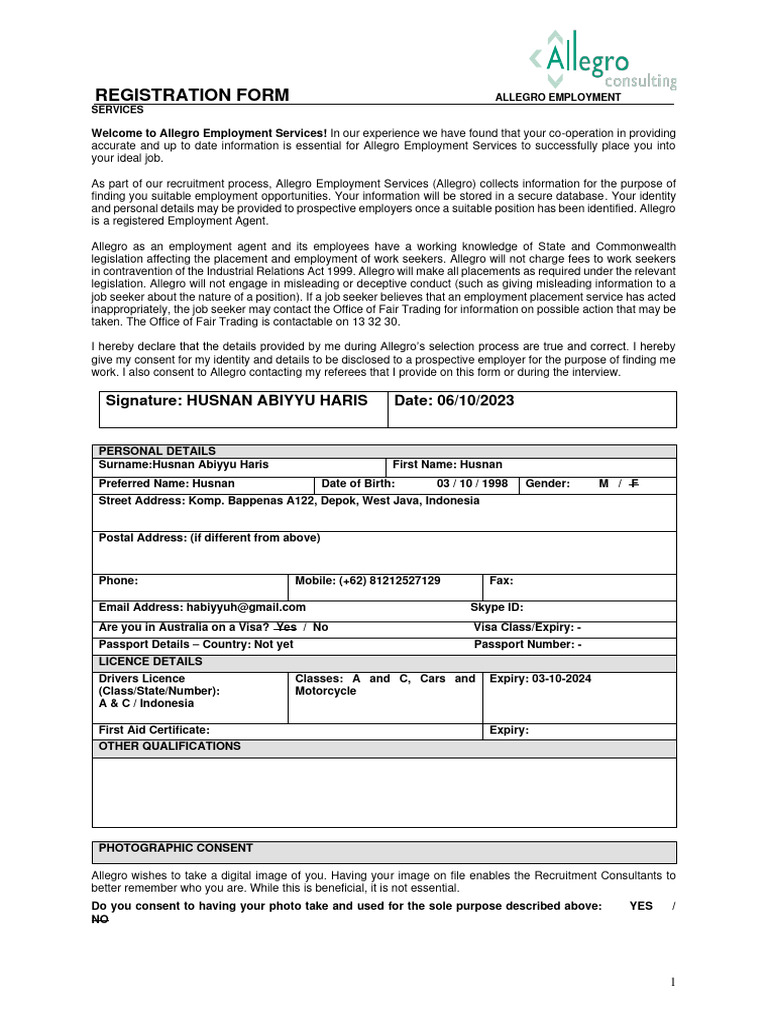 Allegro Employment Services Registration Form | PDF | Injury | Employment