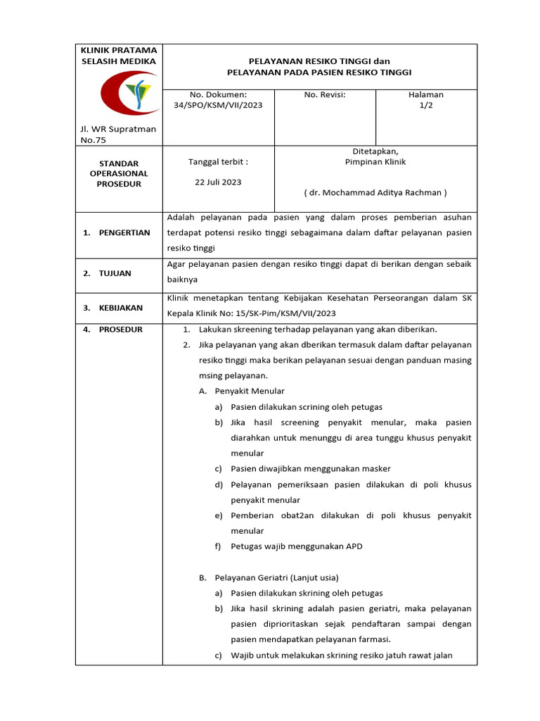Sop Pelayanan Resiko Tinggi Pdf
