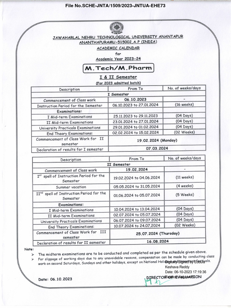 M.Tech M.Pharm I II Sem Academic Calendar For AY 2023 24 | PDF