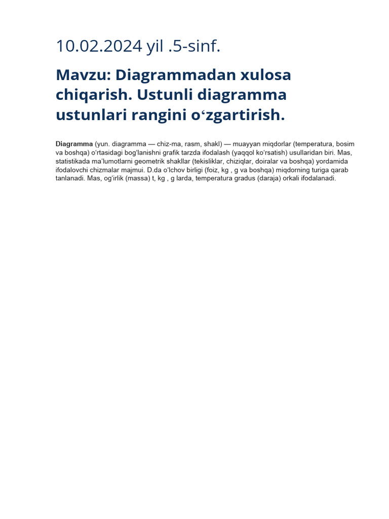 Diagrammadan Xulosa Chiqarish. Ustunli Diagramma Ustunlari Rangini O Zgartirish | PDF