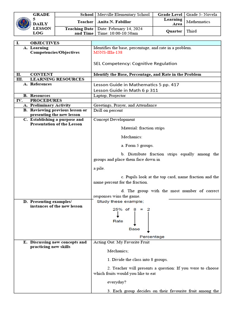 MATH 5 Q3 W1D4 | PDF | Percentage | Teachers