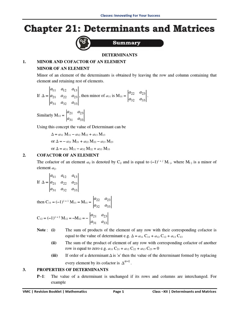 Determinants And Matrices Summary Pdf Matrix Mathematics