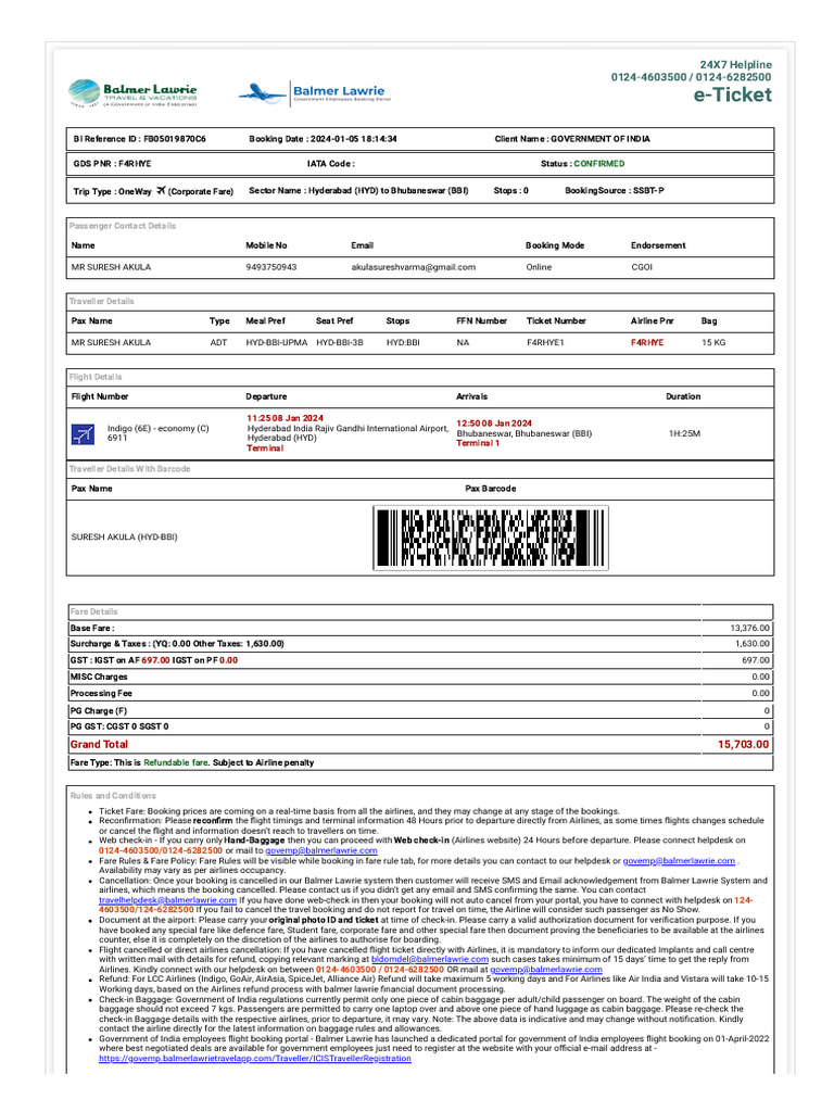 Hyd-BBI 08-Jan-2024 | PDF | Baggage | Transport