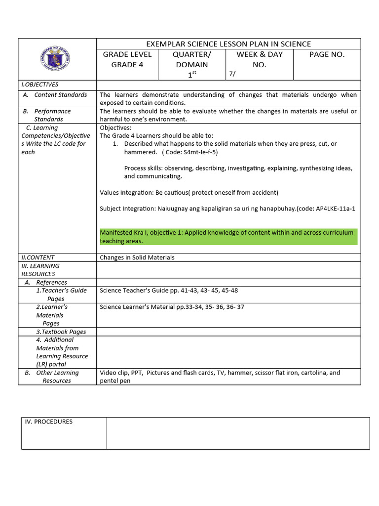 Exemplar Science Lesson Plan in Science 1ST Quarter | PDF | Learning ...