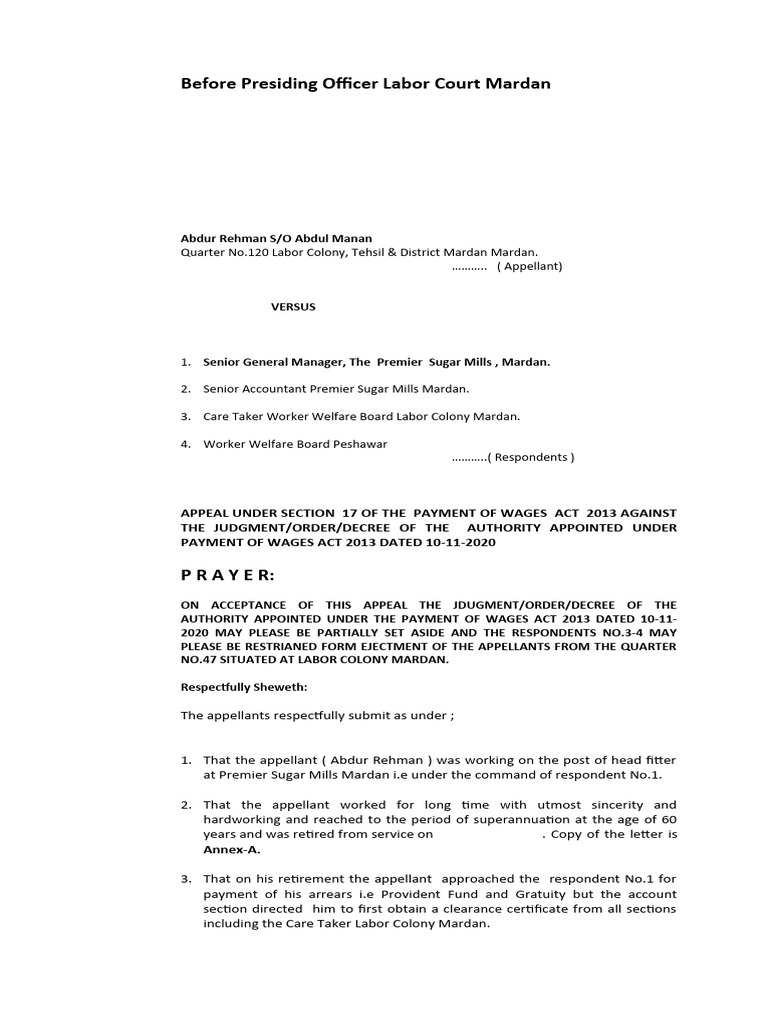 Appeal Against Labor Court Judgment Mardan | PDF | Judgment (Law) | Appeal