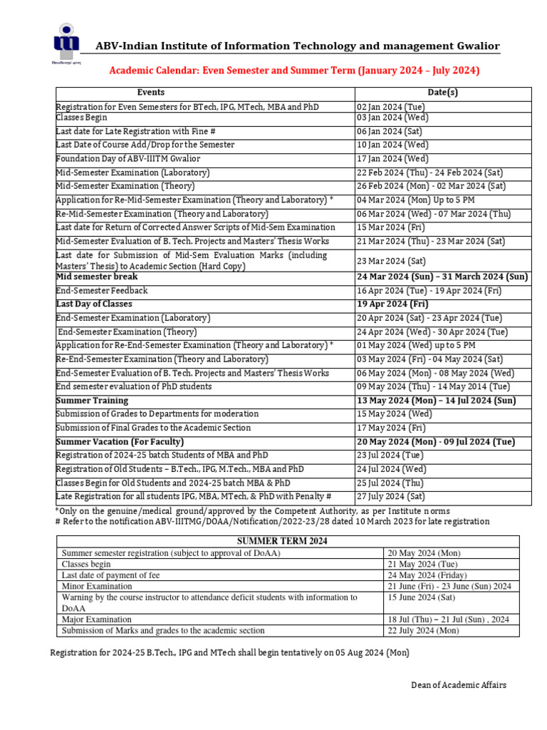 ABV-IIITM Gwalior Academic Calendar 2024 | PDF | Thesis | Doctor Of ...