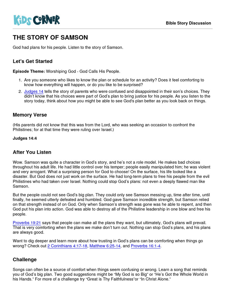 Kids Corner The Story of Samson Bible Story Discussion | PDF | Samson | Delilah